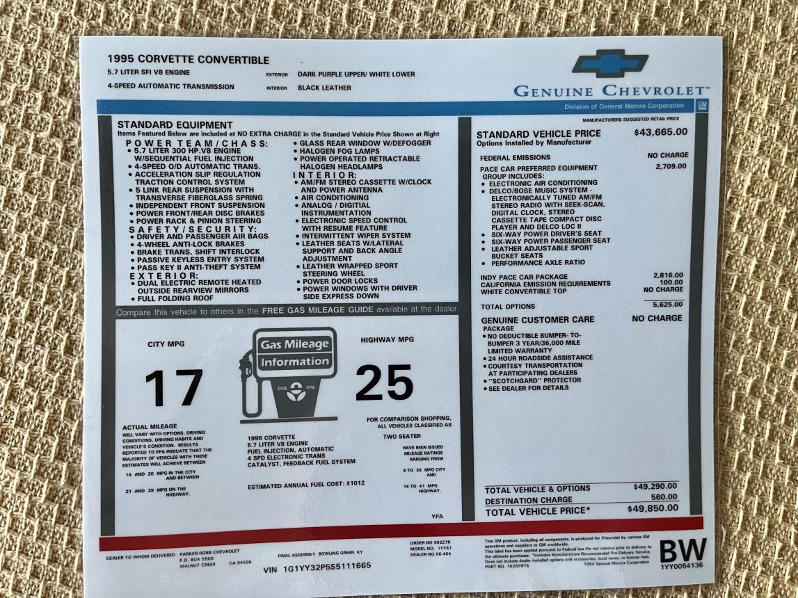 1962 Corvette Window Sticker